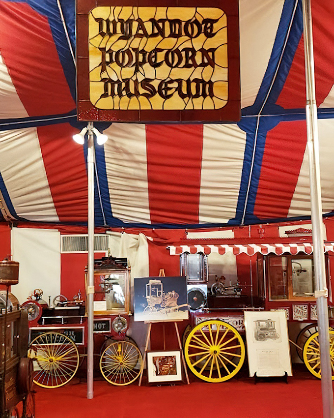 The Wyandot Popcorn Museum showcases beautifully restored popcorn carts with their bright red wheels, ornate detailing, and vintage charm that takes visitors back to simpler times.