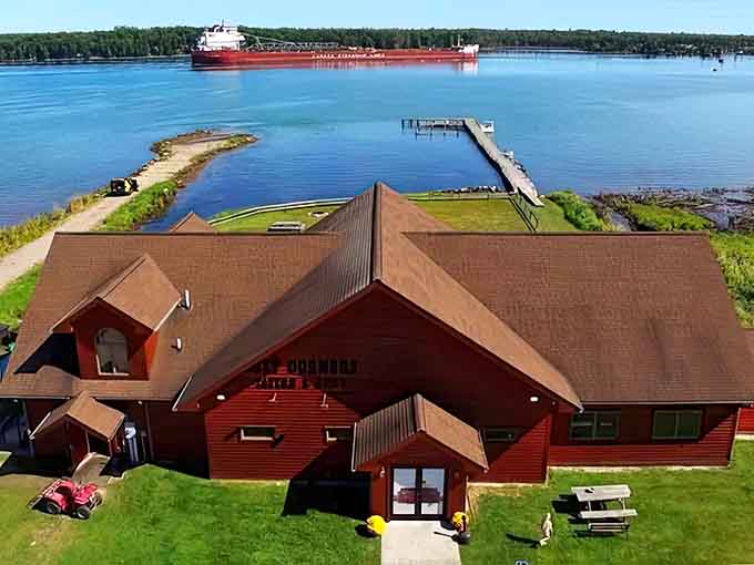 From above, Cozy Corners commands a front-row seat to the St. Mary's River shipping channel – dinner with a side of maritime majesty.