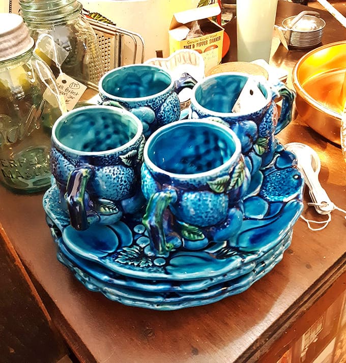 Mood Indigo ceramics gleam in brilliant blue, proving that vintage dishware had more personality than anything you'll find at the big box stores.