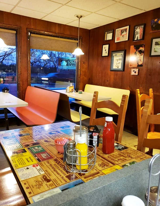 Cozy wooden tables and colorful accents create the perfect corner to sip coffee and savor something sweet.