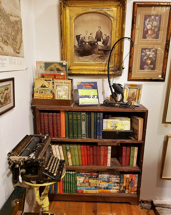 This charming bookshelf houses a spectrum of vintage volumes, their colorful spines creating a visual feast for literary aesthetes.