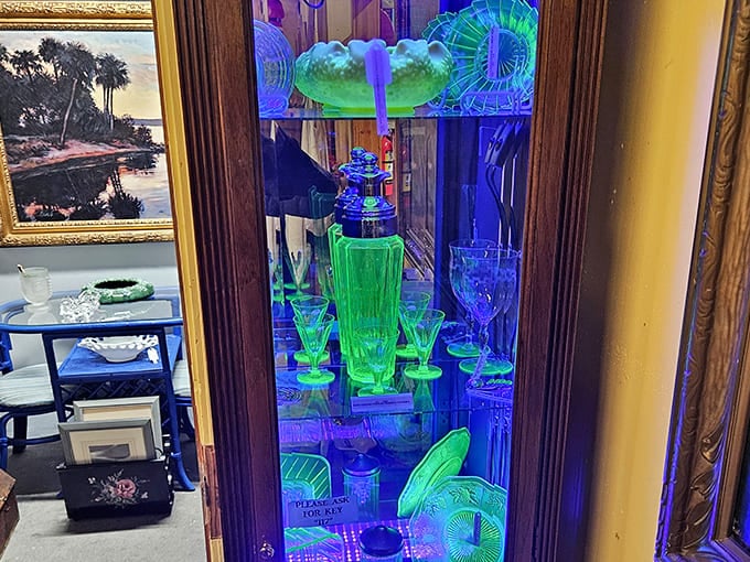 The eerie green glow of uranium glass under blacklight creates an otherworldly display of Depression-era artistry and science.