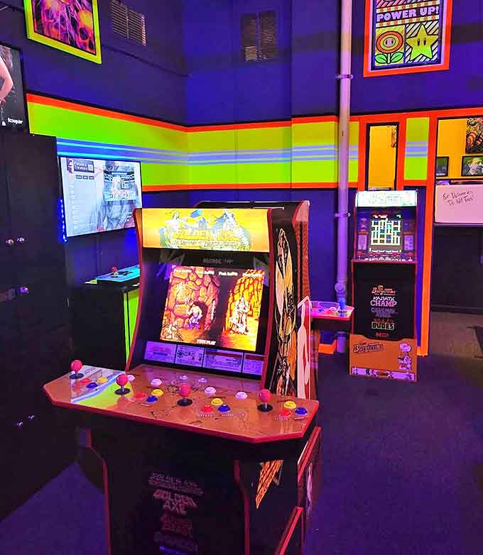 Vintage arcade cabinets bring back the golden age of gaming, letting you battle digital villains after conquering menu monsters.