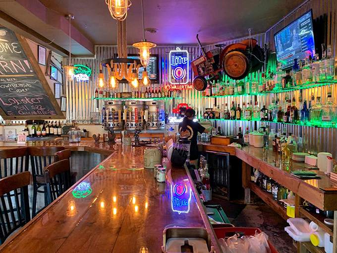The bar glows with inviting light and promises of good times, where locals and visitors alike gather to share stories over perfectly poured pints.