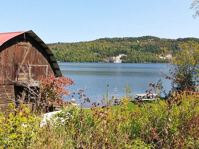 That weathered barn has witnessed more sunsets over Crystal Lake than any Instagram influencer ever will.