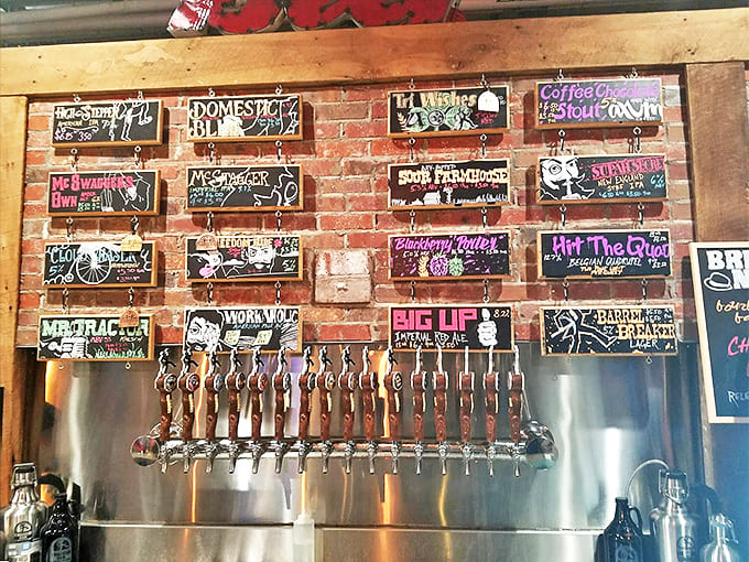 Beer art in progress! Colorful tap handles and creative beer names showcase the personality behind each of Crooked Can's unique brews.