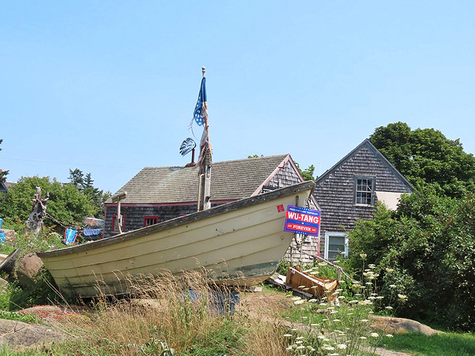 Maritime history sits high and dry on Monhegan's shore, where this weathered vessel tells tales of the island's seafaring heritage.