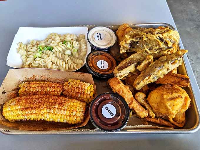 A colorful array of sides from pasta to corn to crispy vegetables proves Boss Chick knows how to make even non-chicken dishes sing with flavor.