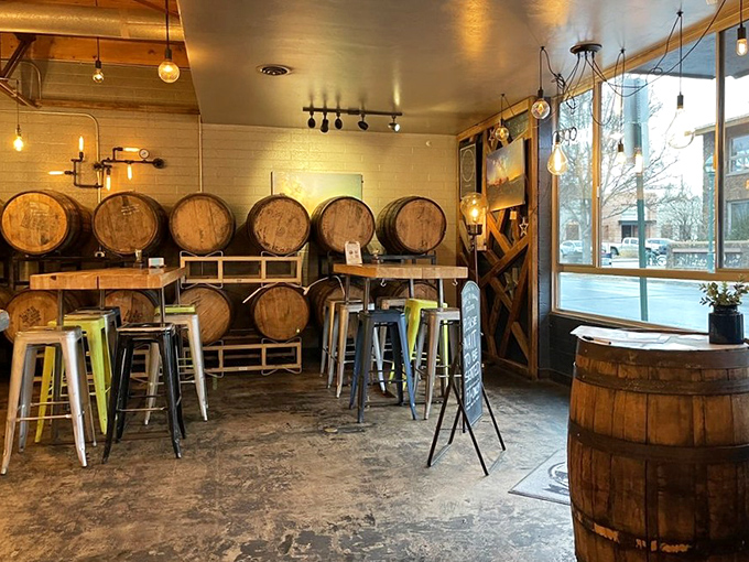 The barrel-lined seating area creates a rustic, wine-cellar ambiance that complements the Italian-inspired culinary experience.