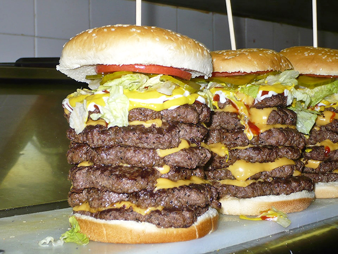 Burgers that defy gravity and common sense. You'll need to unhinge your jaw like a snake to tackle these bad boys.