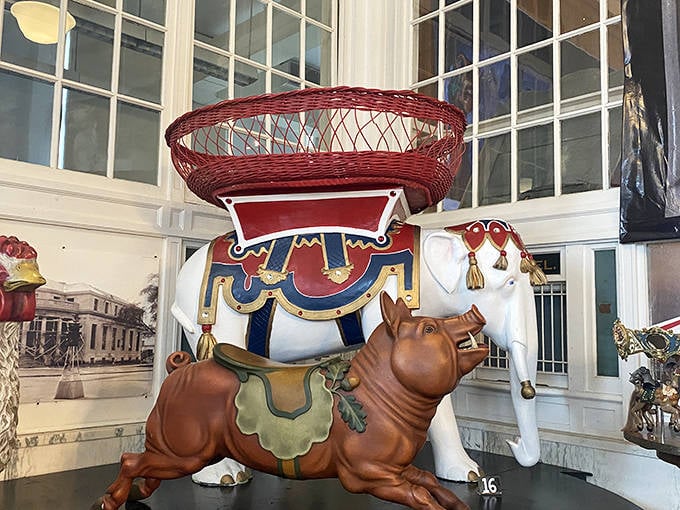 This unlikely duo &ndash; a carved pig and elephant &ndash; reminds us that on a carousel, the laws of nature and animal kingdom hierarchies simply don't apply.