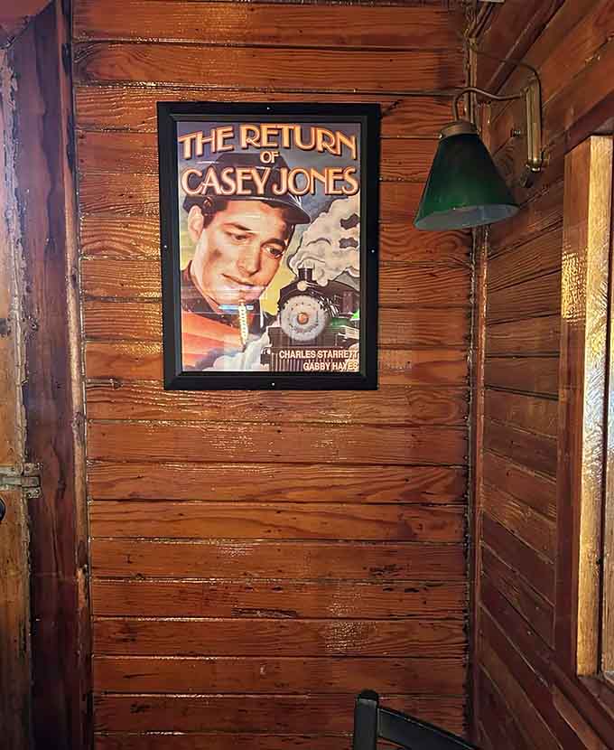 Vintage Casey Jones poster adds authentic railroad charm, reminding diners they're somewhere special with its own unique story.