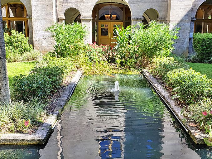 Water dances in this tranquil courtyard pool, offering a moment of Zen amid the sensory feast that is the Lightner Museum experience.