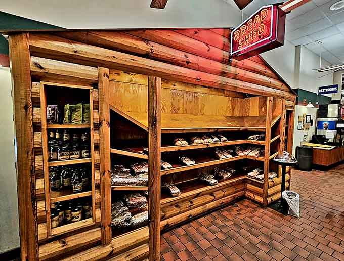 The bread shed stocks fresh loaves like a rustic general store from a simpler, more delicious time.