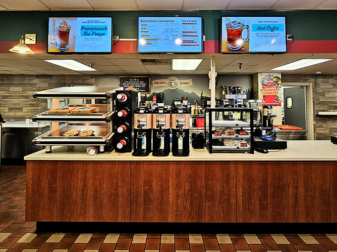 The service counter gleams with efficiency, ready to fuel both your car and your stomach with equal enthusiasm and speed.