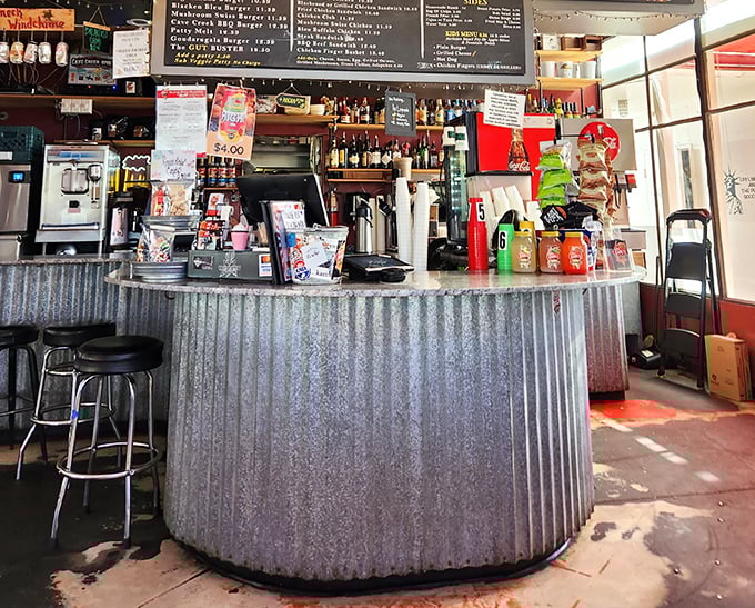 The corrugated metal counter tells stories of its gas station past while serving up present-day delights with retro flair.
