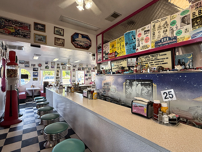 The counter where magic happens &ndash; watch short-order wizardry while perched on mint-green stools under the watchful gaze of vintage ads.