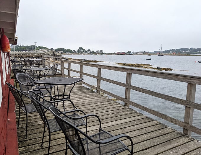 The waterfront deck offers front-row seats to coastal Maine's daily show &ndash; boats, birds, and the rhythmic lapping of waves against the shore.