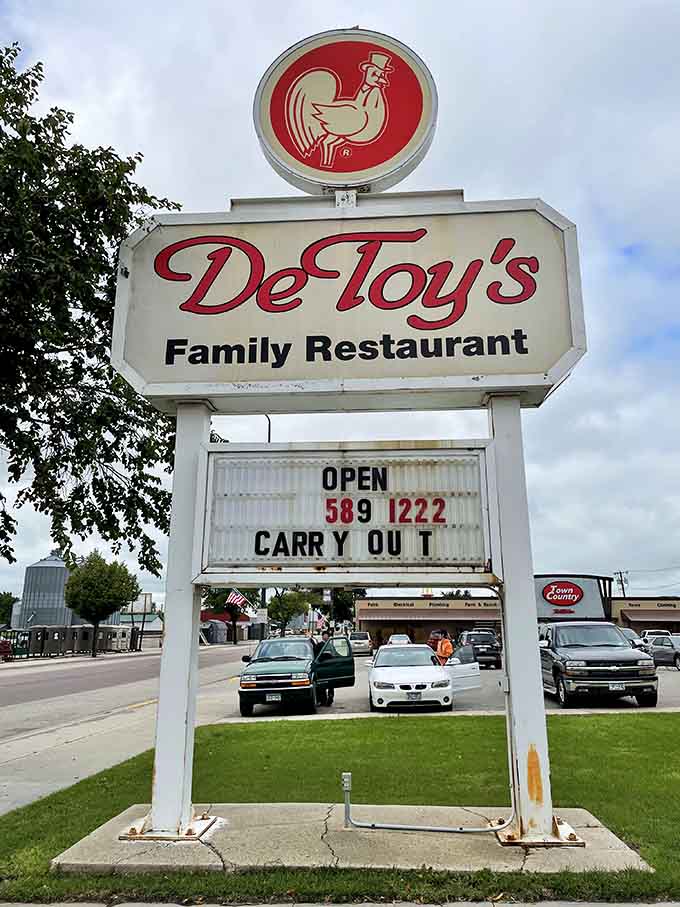 That vintage sign with the rooster logo has been guiding hungry travelers to breakfast bliss for longer than most can remember.