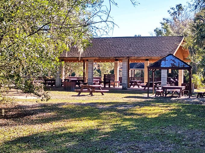 This rustic pavilion offers welcome shade after hours of underwater exploration and sunshine-filled adventures.