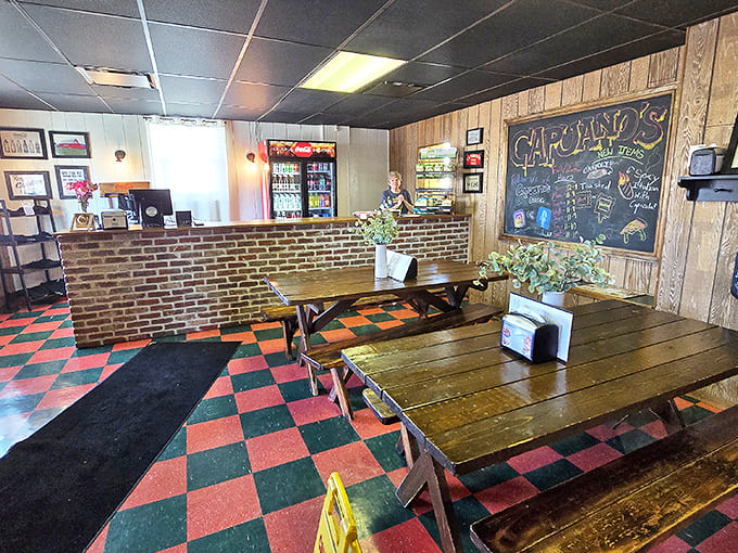 Simple wooden tables and that iconic checkerboard floor create the perfect backdrop for food that doesn't need fancy surroundings to shine.