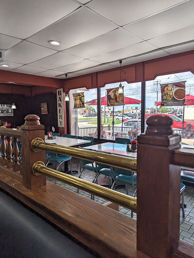 Dining area where time slows down: Vintage Route 66 memorabilia and comfortable seating create a space where conversations flow and memories are made.