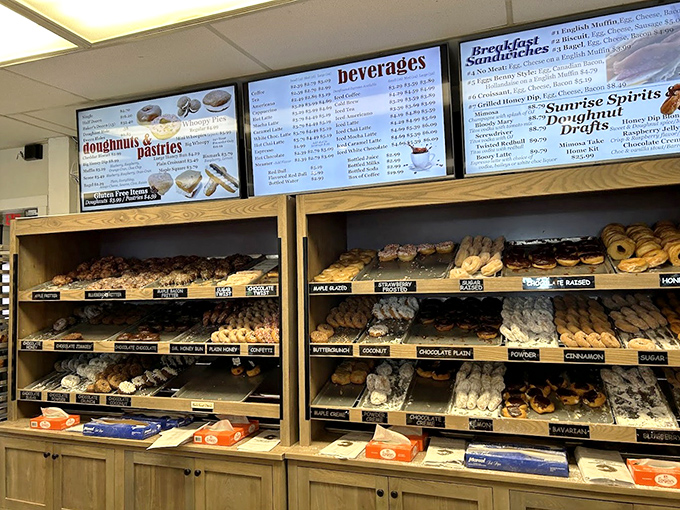 Doughnut temptation station – rows of freshly made treats await behind glass, their siren call impossible to resist for the sweet-toothed visitor.