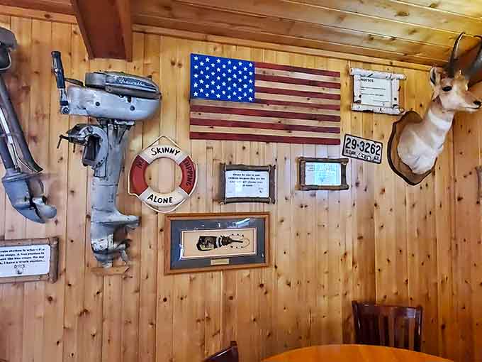 Every detail tells a story here, from the vintage signs to the American flag to the quirky decorations that give this place character.