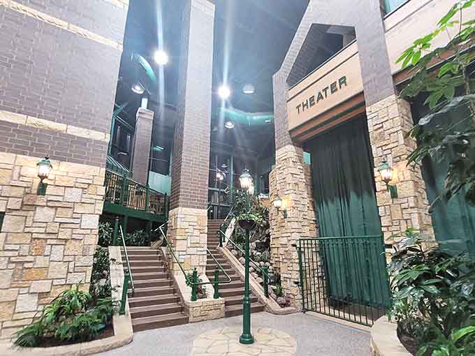Stone staircases wind through the space like something from a mountain lodge, adding rustic charm to this climate-controlled paradise.
