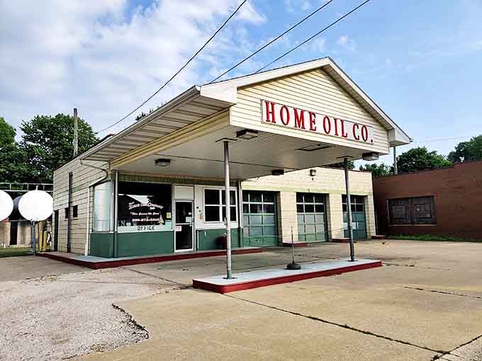 The vintage Home Oil Co. building stands as a perfectly preserved time capsule from America's mid-century automotive golden age.