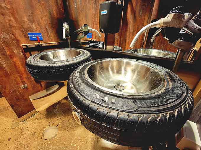 Even the restroom sinks commit to the theme, fashioned from actual tires because Ford's Garage doesn't skip details anywhere.