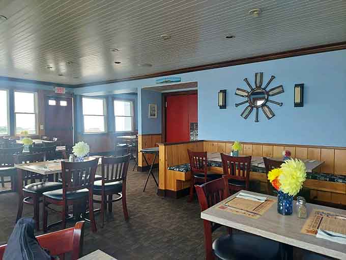 The dining room at Fox's offers comfortable seating and ocean views that make lingering over lunch an absolute requirement.