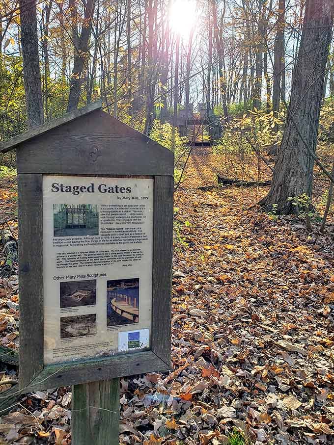 "Staged Gates" interpretive marker invites visitors to experience art within nature, Mary Miss's vision creating frames for environmental appreciation.