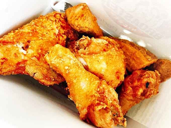 Broaster chicken glory: Crispy, juicy, perfectly seasoned &ndash; the unexpected savory star at an ice cream destination.