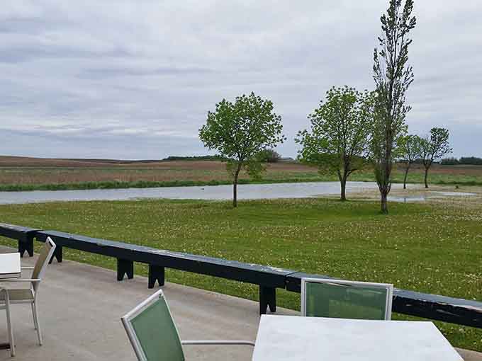 Outdoor tables overlook peaceful waters, perfect for contemplating your next order in tranquility.