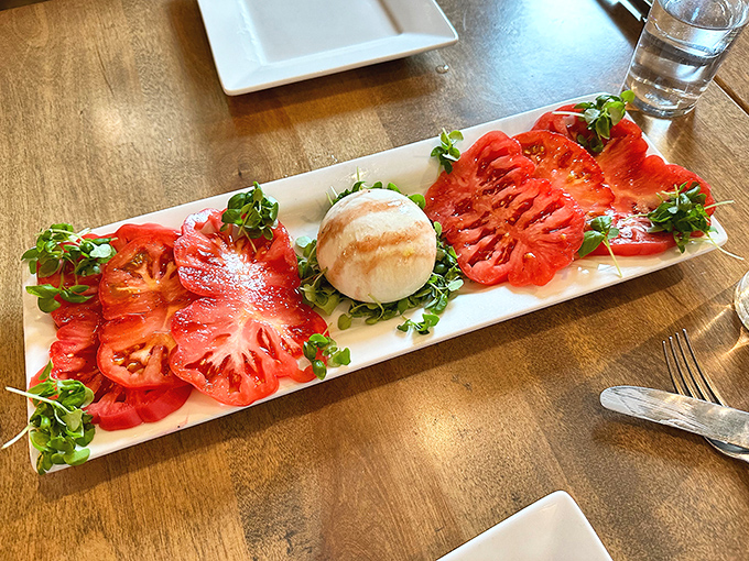 Heirloom tomatoes and burrata having what appears to be the world's most delicious first date on a pristine white plate.