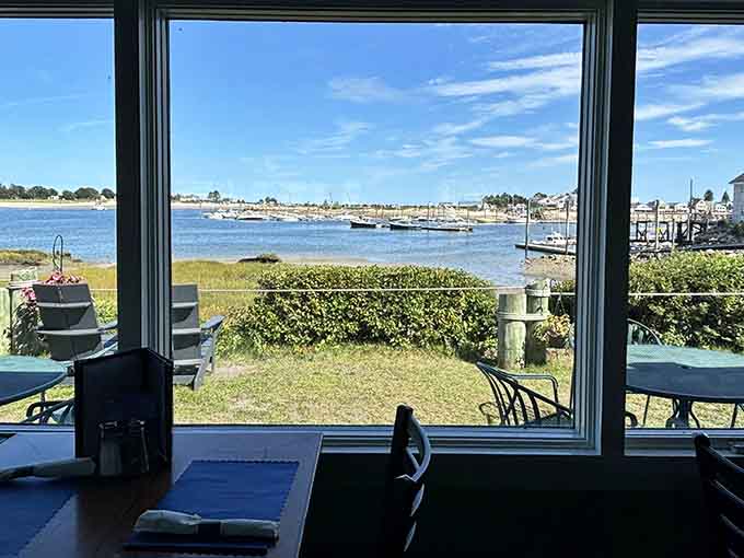 Floor-to-ceiling windows frame the harbor like a constantly changing painting, making every seat feel like the best seat in the house.