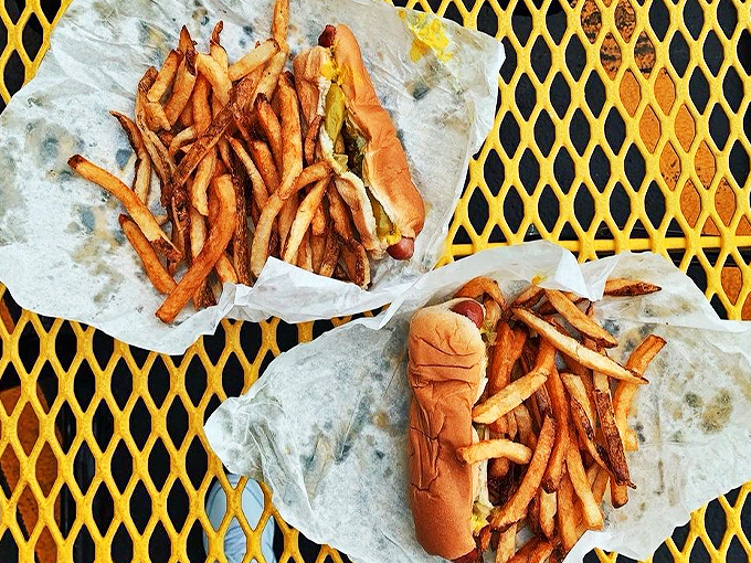 Feast your eyes on this hot dog harmony! It's not just a meal, it's a symphony of flavors that will make your taste buds sing. Don't forget the napkins!