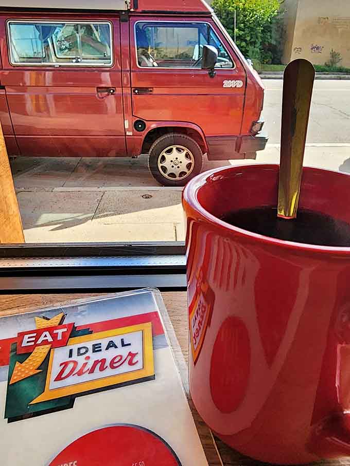 Coffee served in proper diner mugs tastes better, stays hotter, and gets refilled before you even realize you need it, like breakfast magic.