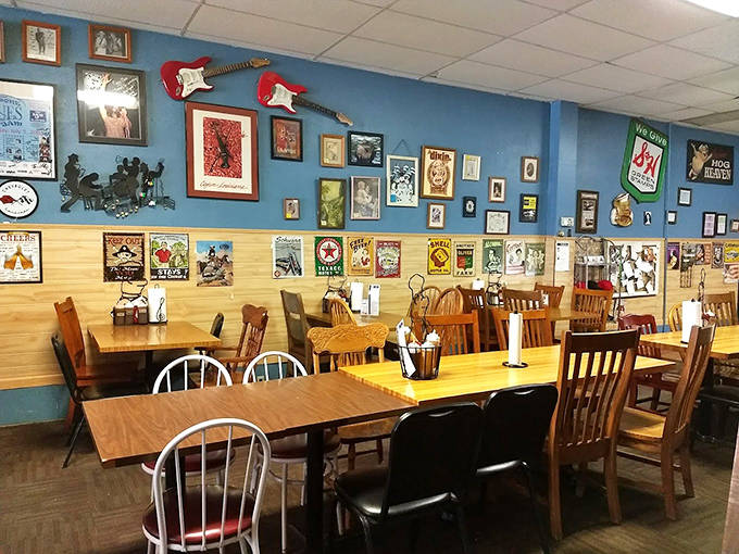 The dining room walls tell stories through memorabilia, concert posters, and musical instruments &ndash; a feast for the eyes while you wait for your feast.