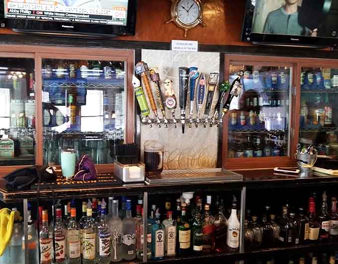 The bar at Jake's is stocked and ready to help you make important decisions, like whether to order the walleye or the perch (hint: walleye).