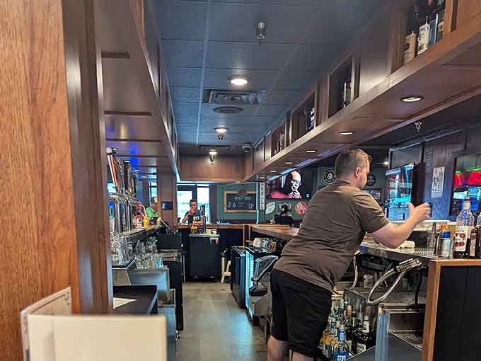 The bar at Jimmy's where magic happens, one perfectly poured pint and taco order at a time.