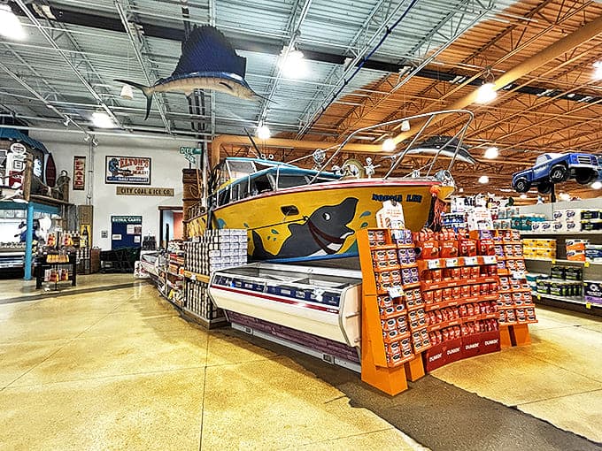 A full-sized boat serves as seafood display, proving Jungle Jim's commitment to thematic excess and nautical nonsense in the best possible way.