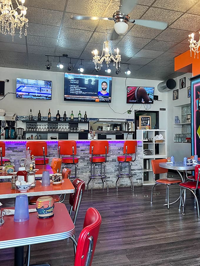 Bar seating with personality, because even solo diners deserve to eat surrounded by vintage charm and good vibes.