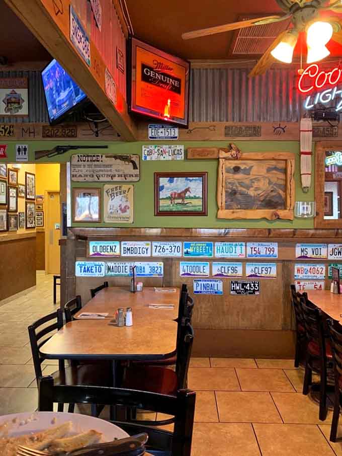 The dining room strikes that perfect balance between rustic charm and comfortable seating, where you can settle in for a proper meal.