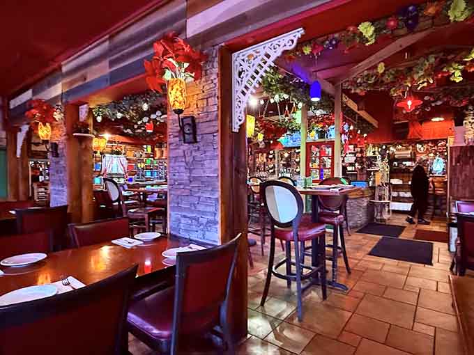 The interior is a delightful mishmash of rustic charm and colorful personality, like someone's cool Italian aunt decorated it with love.