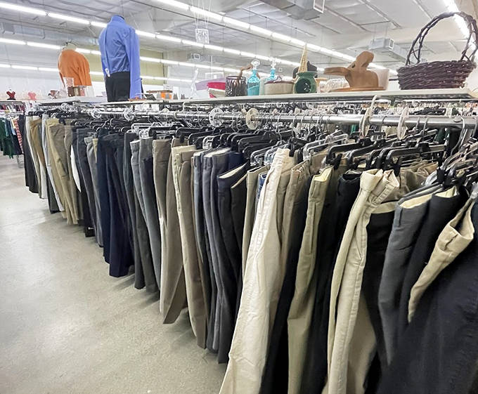 The men's pants section offers enough options to clothe a small army of office workers or casual Friday enthusiasts.