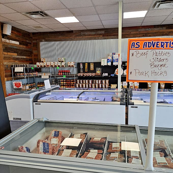 Freezers full of take-home meats and shelves stocked with sauces, basically a BBQ lover's treasure chest.