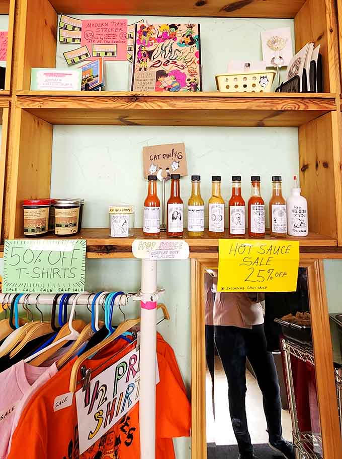 Local hot sauces and Modern Times merchandise line the shelves, offering souvenirs beyond just food memories to take home with you.