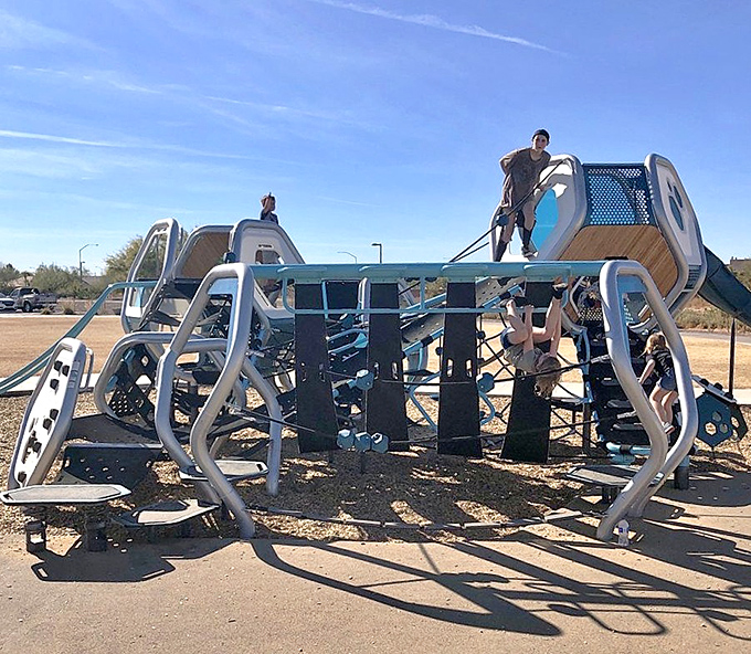 This multi-level climbing structure challenges young explorers with varying difficulties &ndash; playground parkour for the elementary school set.